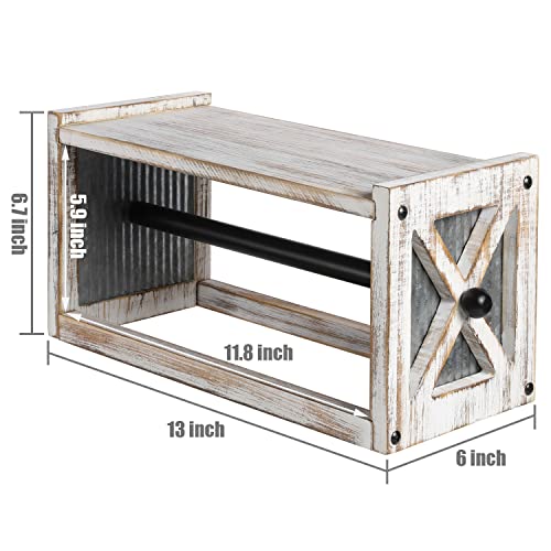 FARM IN Paper Towel Holder, Rustic Wall Mount & Countertop Kitchen Organizer with Top Storage Shelf and Barn Door “X-Cross” Design, Industrial Farmhouse Paper Towel Dispenser, Bathroom Towel Rack