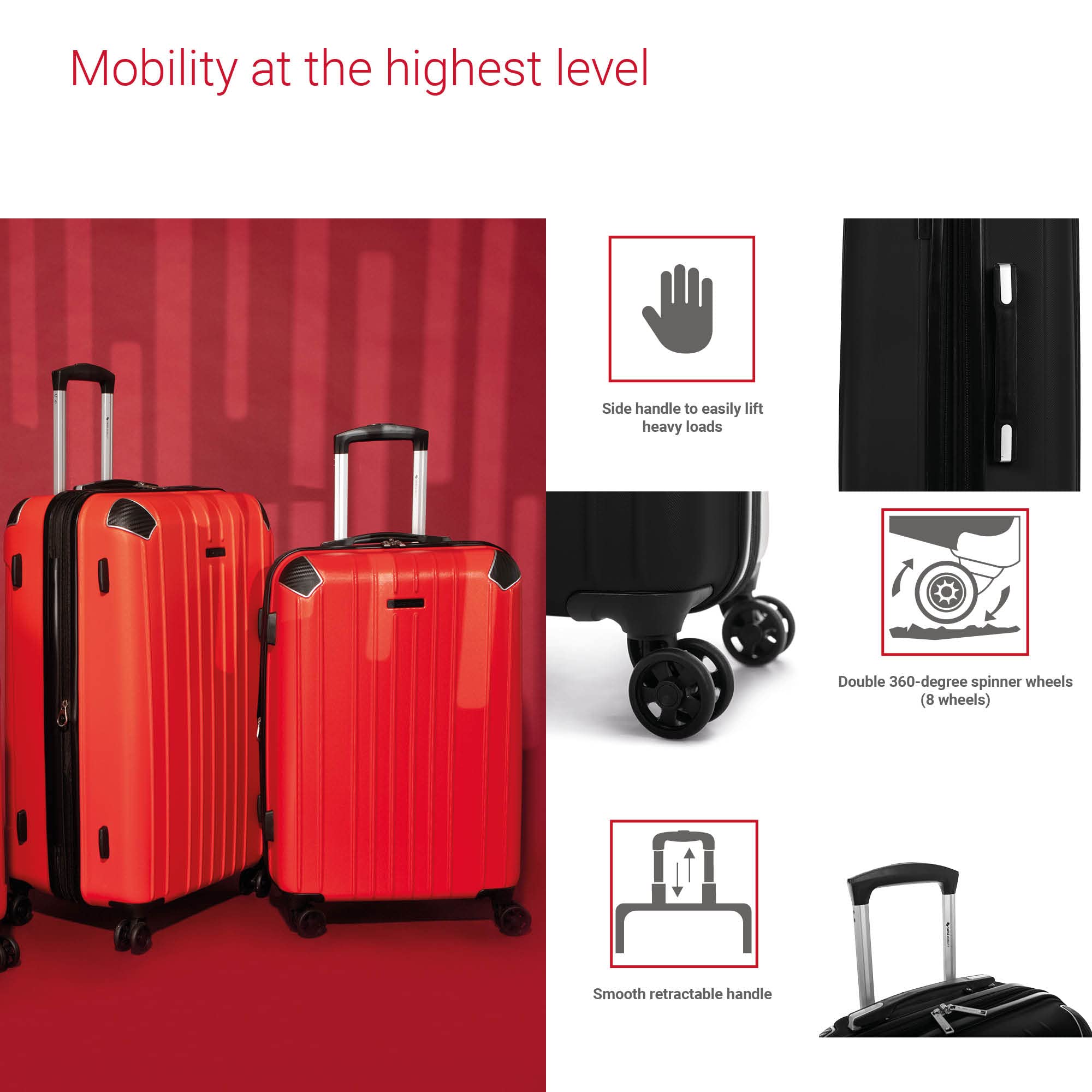 Swiss Mobility PVG Collection 28 Inch Hard Shell Spinner Luggage for Airplanes, Expandable Suitcase with 360-Degree Spinner Wheels, Retractable Handle, Black