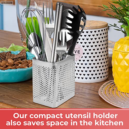 Stainless Steel Utensil Holder for Kitchen Counter - Perforated Kitchen Utensil Holder for Countertop Chopstick Spoon Spatula Holder Dryer Rack with Hooks - Utensil Caddy for Cooking Utensils Holder