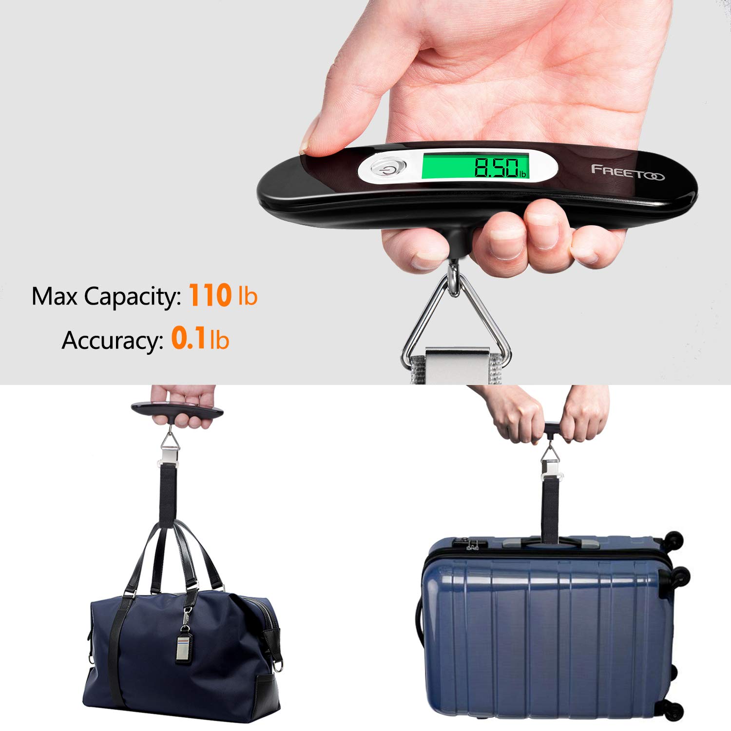 FREETOO Luggage Scale Portable Digital Hanging Scale for Travel, Suitcase Weight Scale with Superior Piano Lacquer 110 Lb/ 50Kg Capacity, Battery Included (Black)