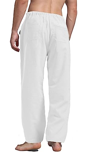 perdontoo Mens Casual Cotton Linen Pants Elastic Waist Drawstring Straight Summer Beach Pants (X-Large, White)