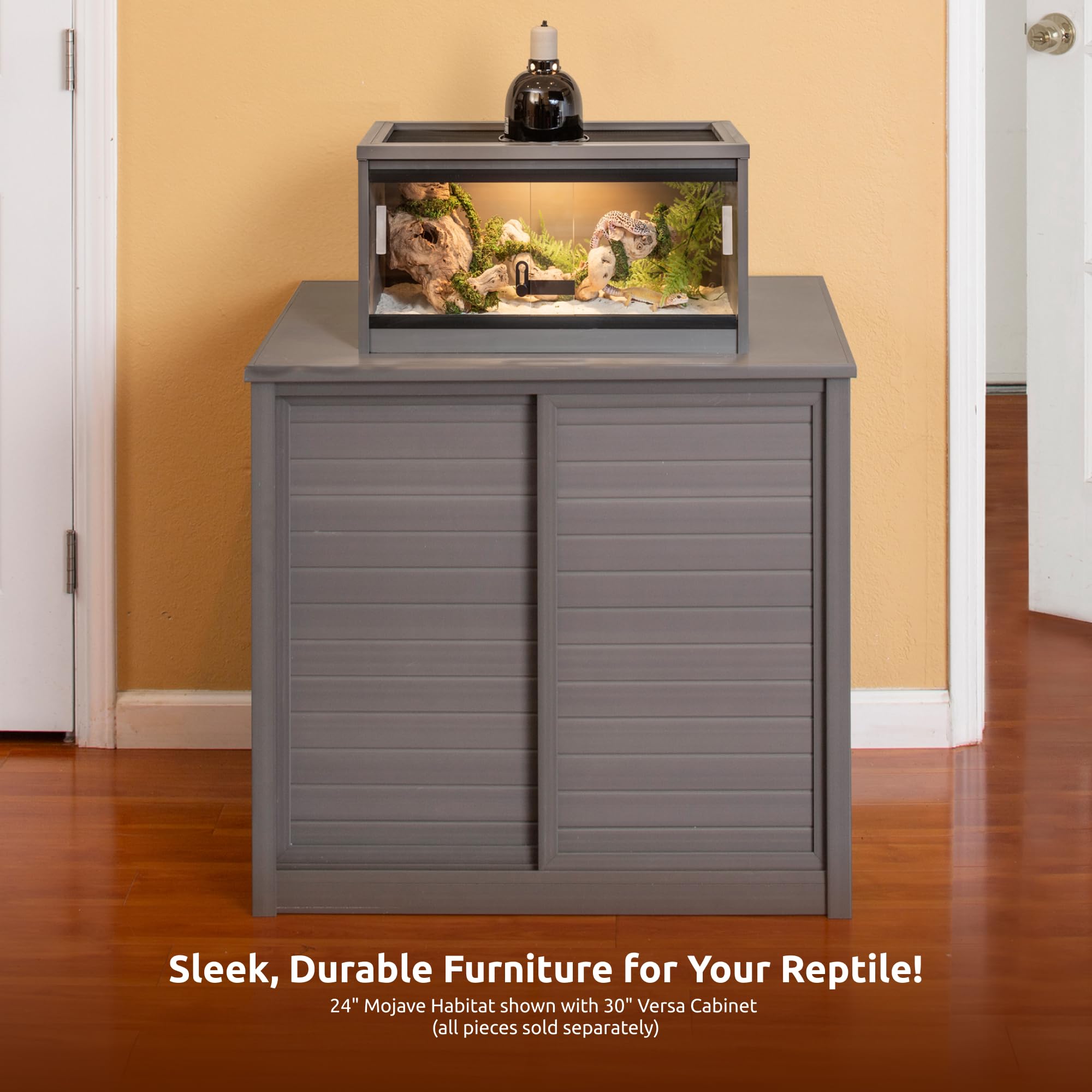 New Age Pet ECOFLEX 24-Inch Mojave Reptile Lounge in Grey - Durable Wood Plastic Composite Habitat with Ventilated Side Panels, Removable Sliding Glass Doors, and Mesh Screen Top
