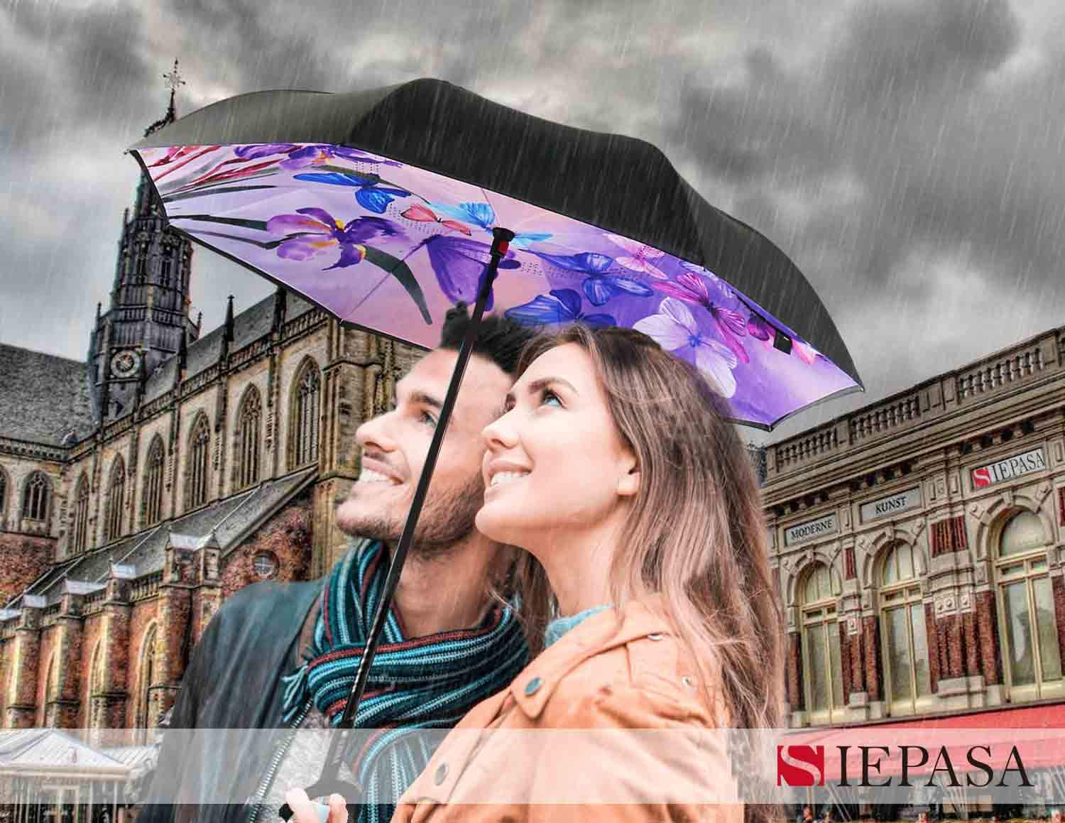 SIEPASA 49/56 Inch Inverted Reverse Upside Down Umbrella, Extra Large Double Canopy Vented Windproof Waterproof Stick Golf Umbrellas with C-shape Handle..(Blue Butterfly, 49 Inch)