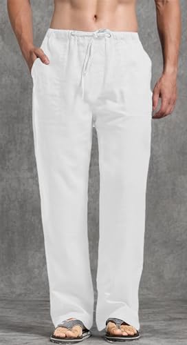 perdontoo Mens Casual Cotton Linen Pants Elastic Waist Drawstring Straight Summer Beach Pants (X-Large, White)