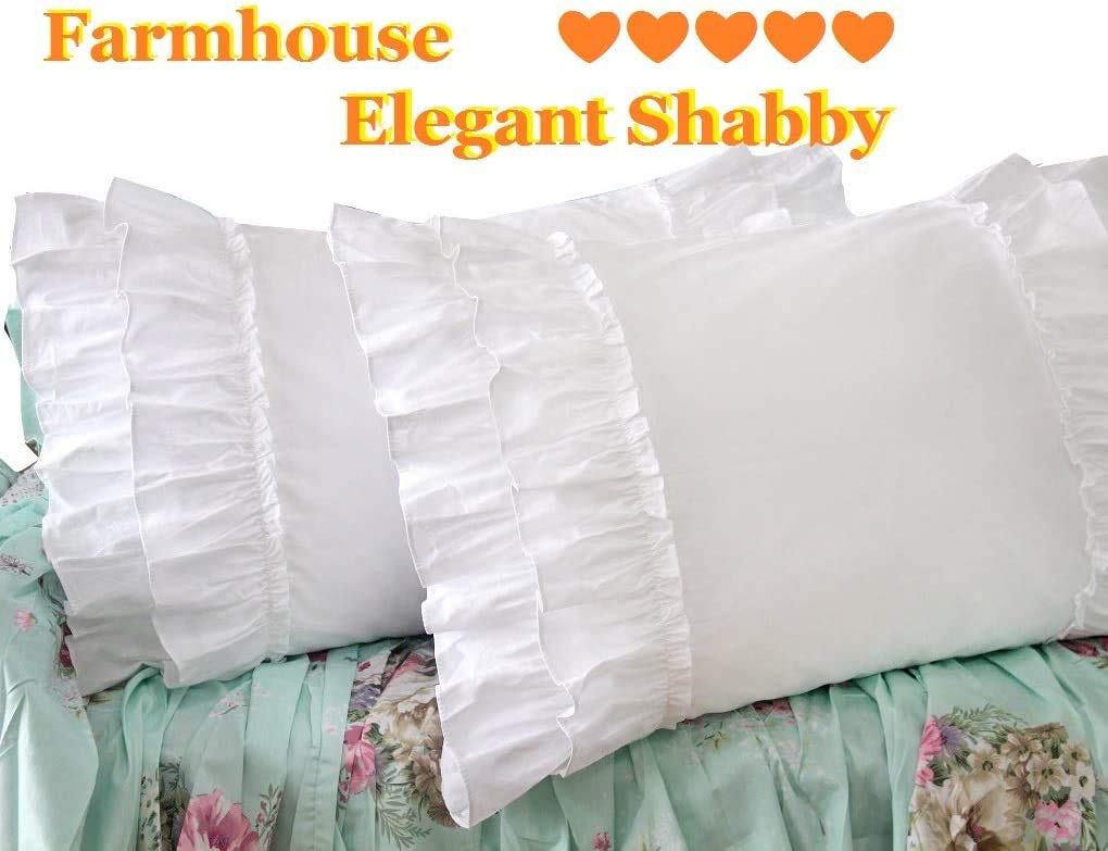 Queen’s House White Ruffle Pillow Shams Set of 2 Cotton Shabby Pillowcases Feminine Pillow Cover King Size
