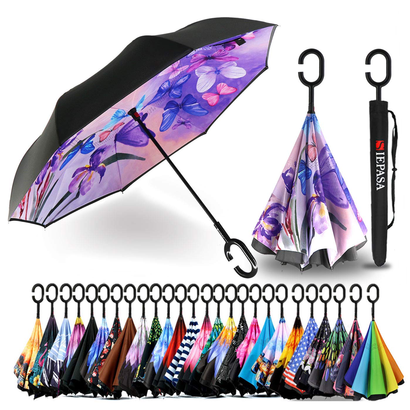 SIEPASA 49/56 Inch Inverted Reverse Upside Down Umbrella, Extra Large Double Canopy Vented Windproof Waterproof Stick Golf Umbrellas with C-shape Handle..(Blue Butterfly, 49 Inch)