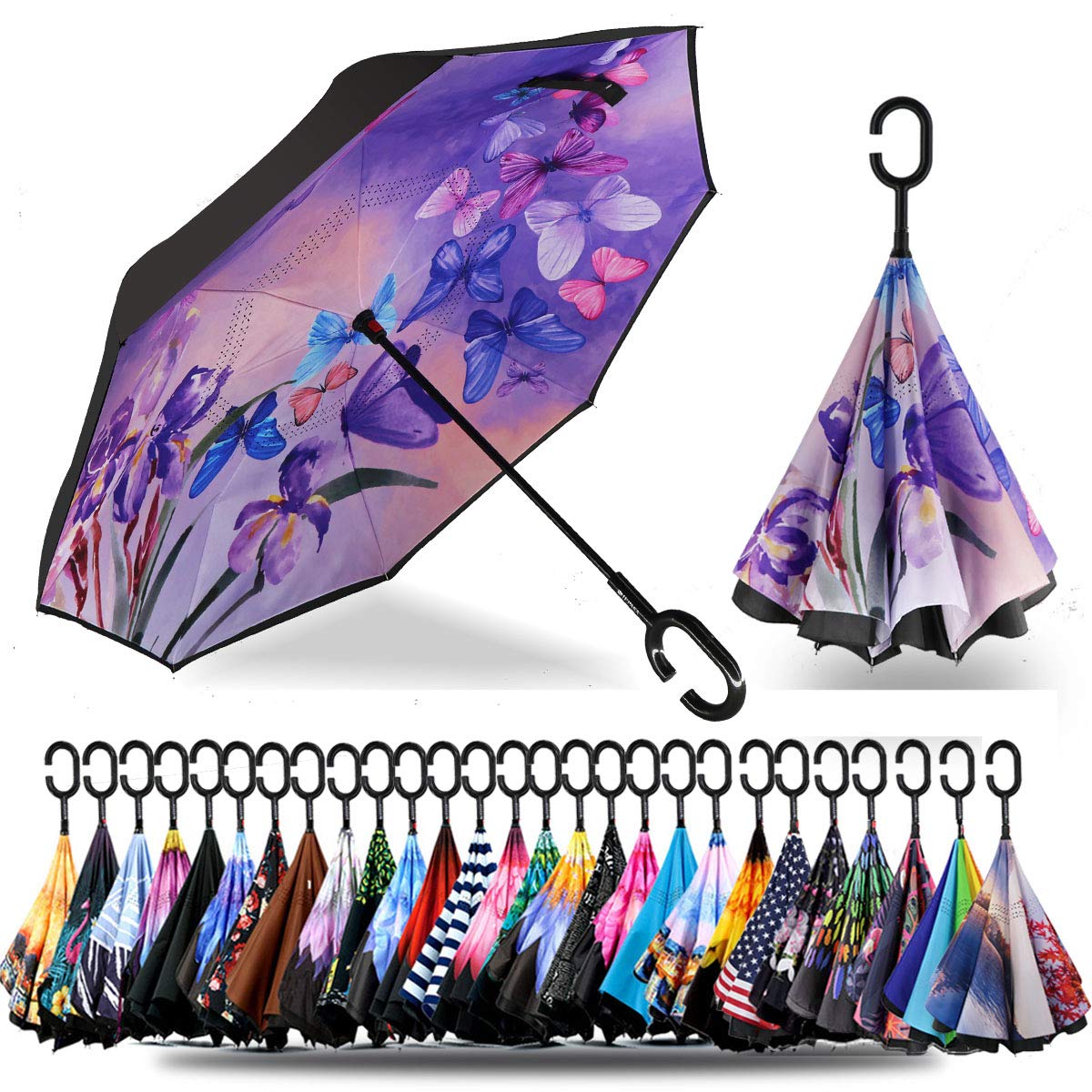 SIEPASA 49/56 Inch Inverted Reverse Upside Down Umbrella, Extra Large Double Canopy Vented Windproof Waterproof Stick Golf Umbrellas with C-shape Handle..(Blue Butterfly, 49 Inch)