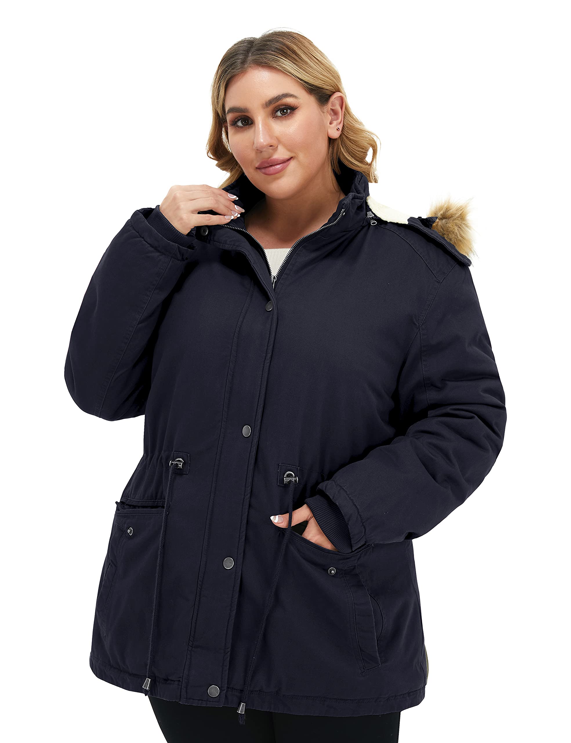 Soularge Women's Winter Plus Size Pure Cotton Coat with Detachable Hood(Navy,4X)