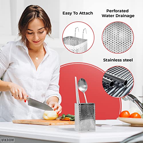 Stainless Steel Utensil Holder for Kitchen Counter - Perforated Kitchen Utensil Holder for Countertop Chopstick Spoon Spatula Holder Dryer Rack with Hooks - Utensil Caddy for Cooking Utensils Holder