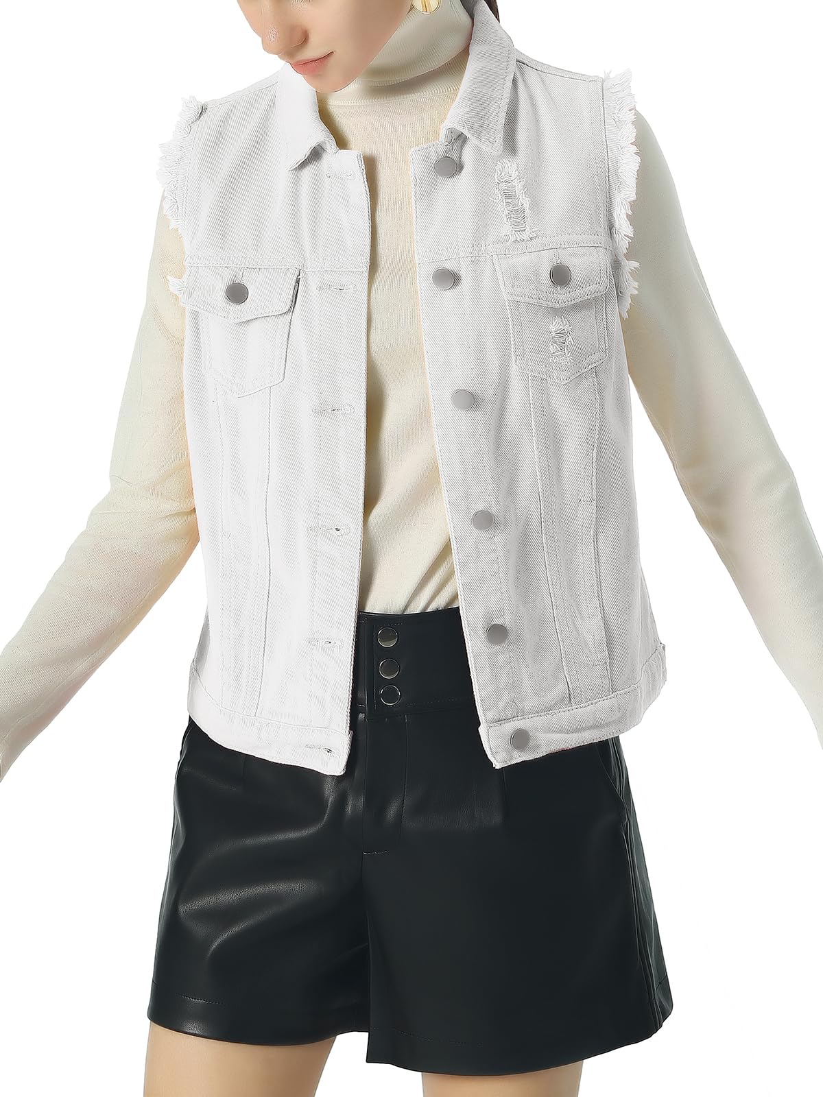 ebossy Women's Candy Color Slim Fit Sleeveless Distressed Denim Jean Vest Jacket (Large, White)