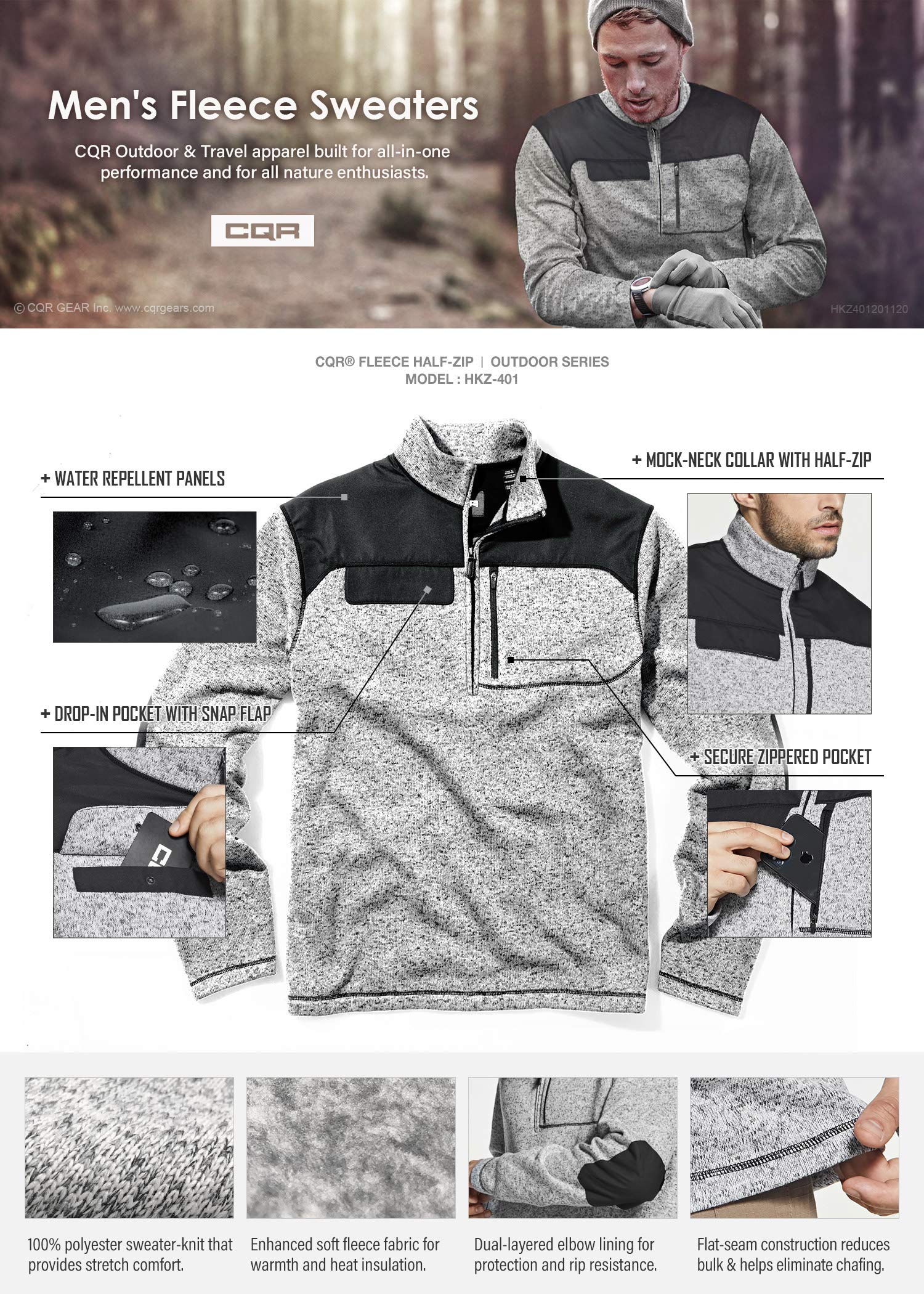 CQR Men's Thermal Fleece Half Zip Pullover, Winter Outdoor Warm Sweater, Lightweight Long Sleeve Sweatshirt, Half Zip Sweater Fleece Heather Grey, Large
