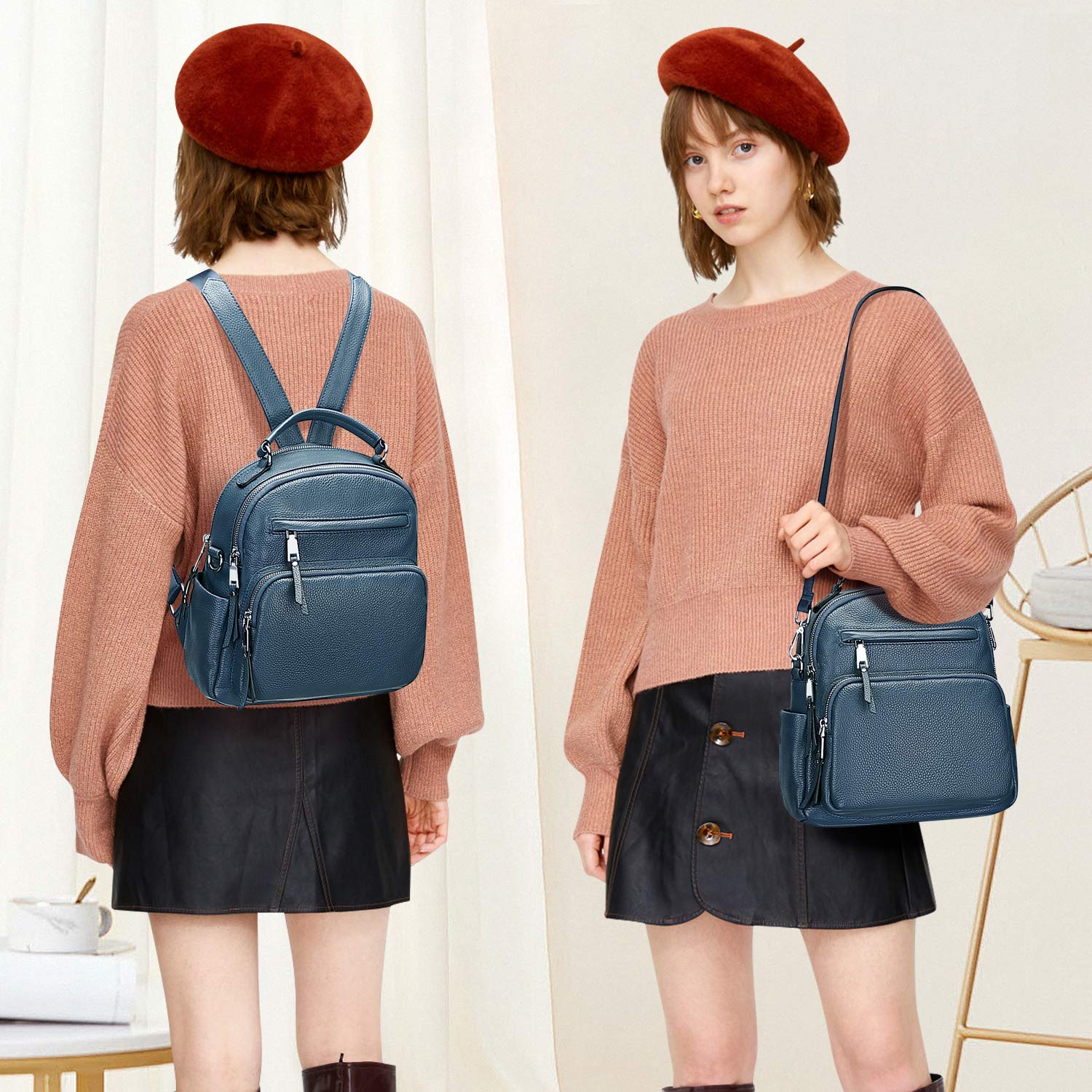 ALTOSY Genuine Leather Backpack for Women Small Convertible Backpack Purse Ladies Shoulder Bag 4 in 1 to Carry