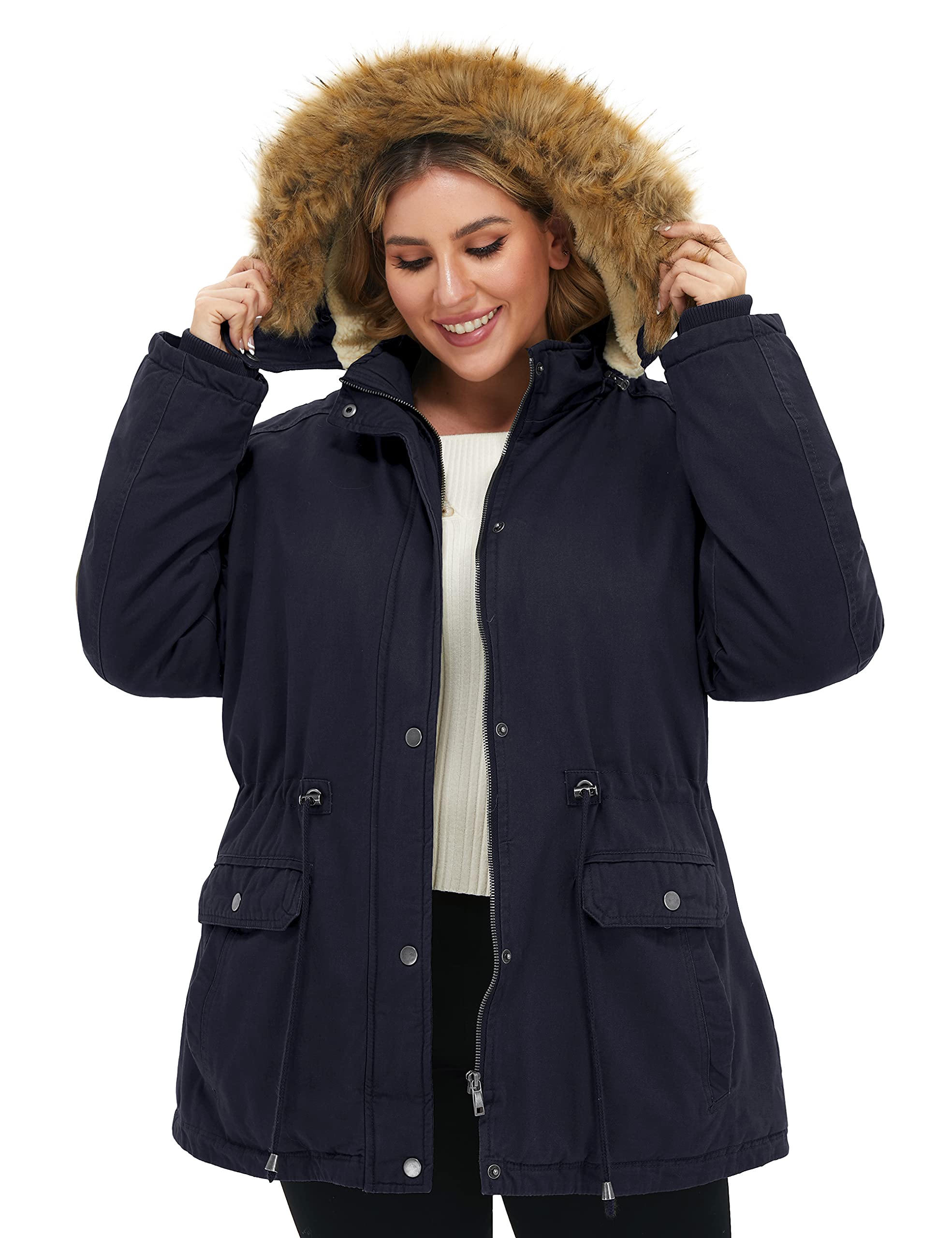 Soularge Women's Winter Plus Size Pure Cotton Coat with Detachable Hood(Navy,4X)