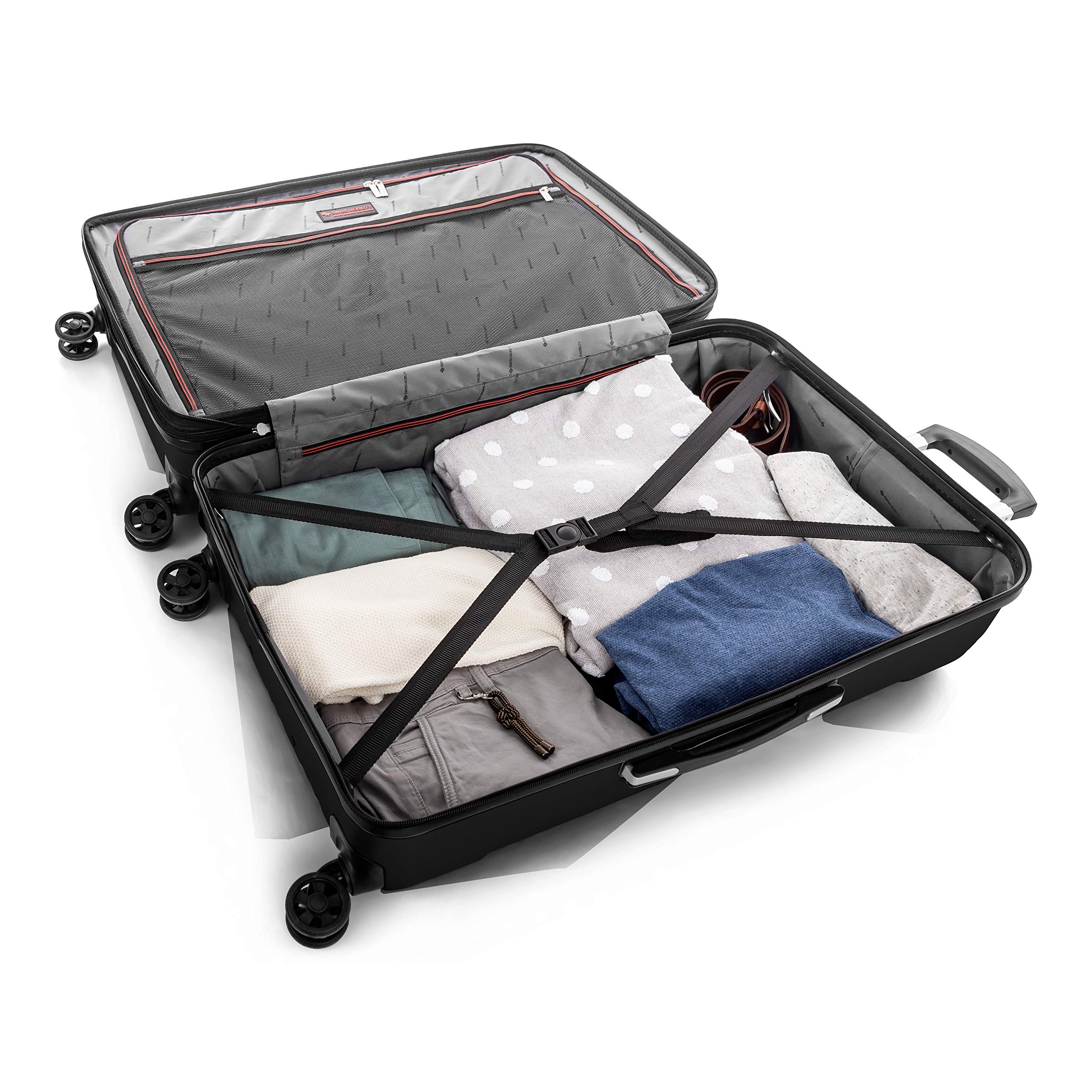 Swiss Mobility PVG Collection 28 Inch Hard Shell Spinner Luggage for Airplanes, Expandable Suitcase with 360-Degree Spinner Wheels, Retractable Handle, Black