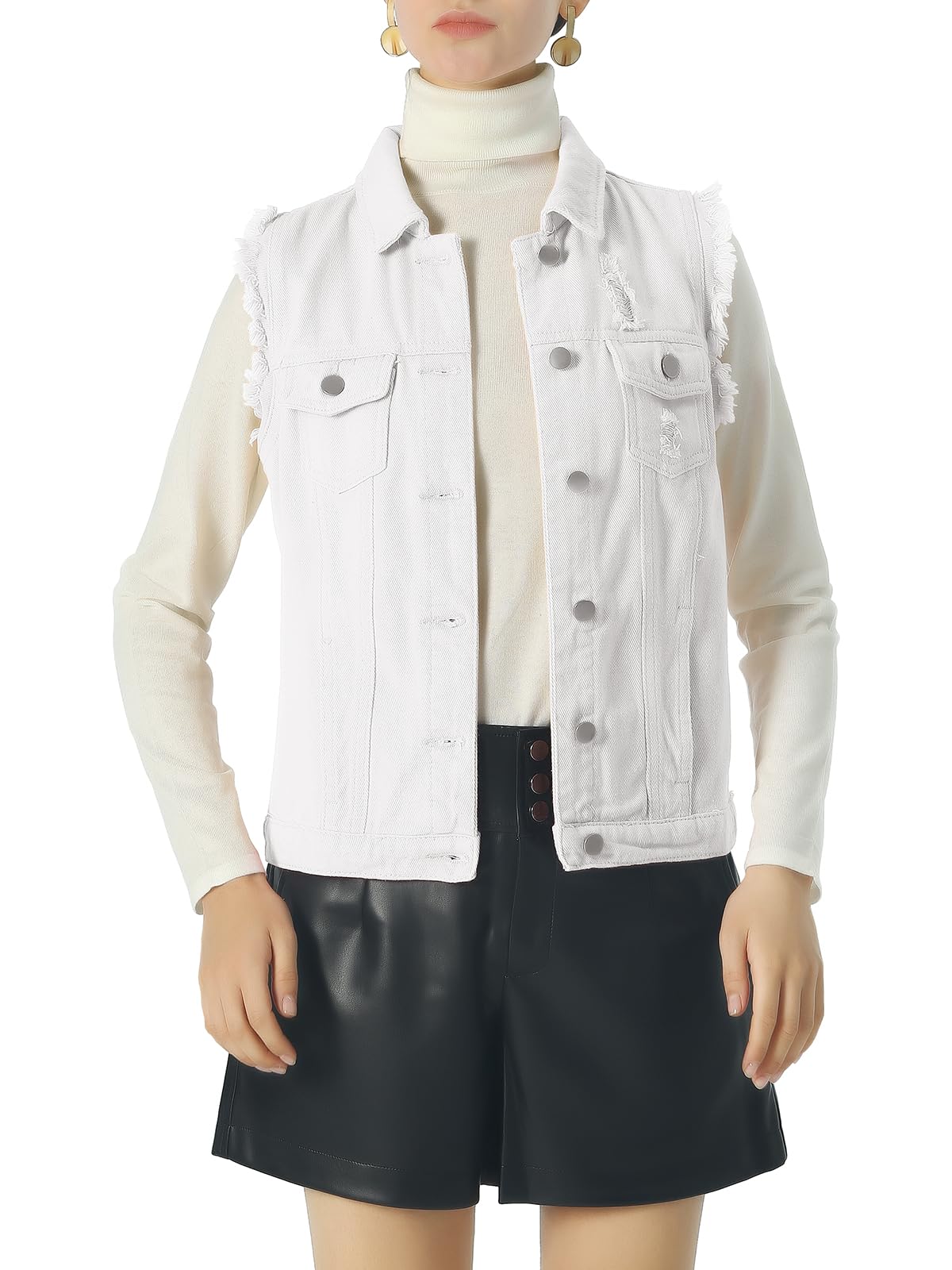 ebossy Women's Candy Color Slim Fit Sleeveless Distressed Denim Jean Vest Jacket (Large, White)