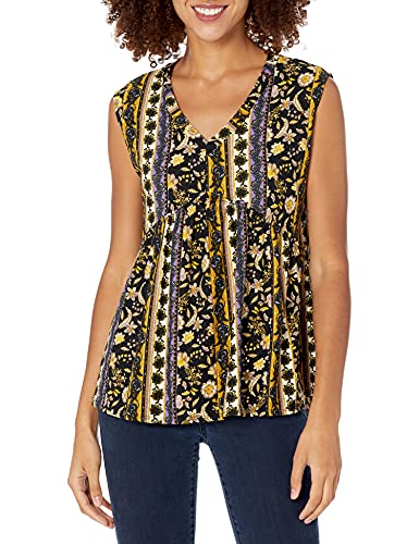 Star Vixen Women's Sleeveless Babydoll Top with V Neck, Black Mustard Wallpaper, S