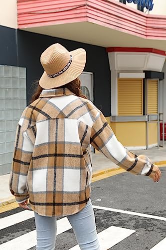 BOUTIKOME Womens Plaid Shacket Button Down Long Sleeve Shirt Coat Fall Winter Flannel Jacket Loose Shirts(Khaki, Large)