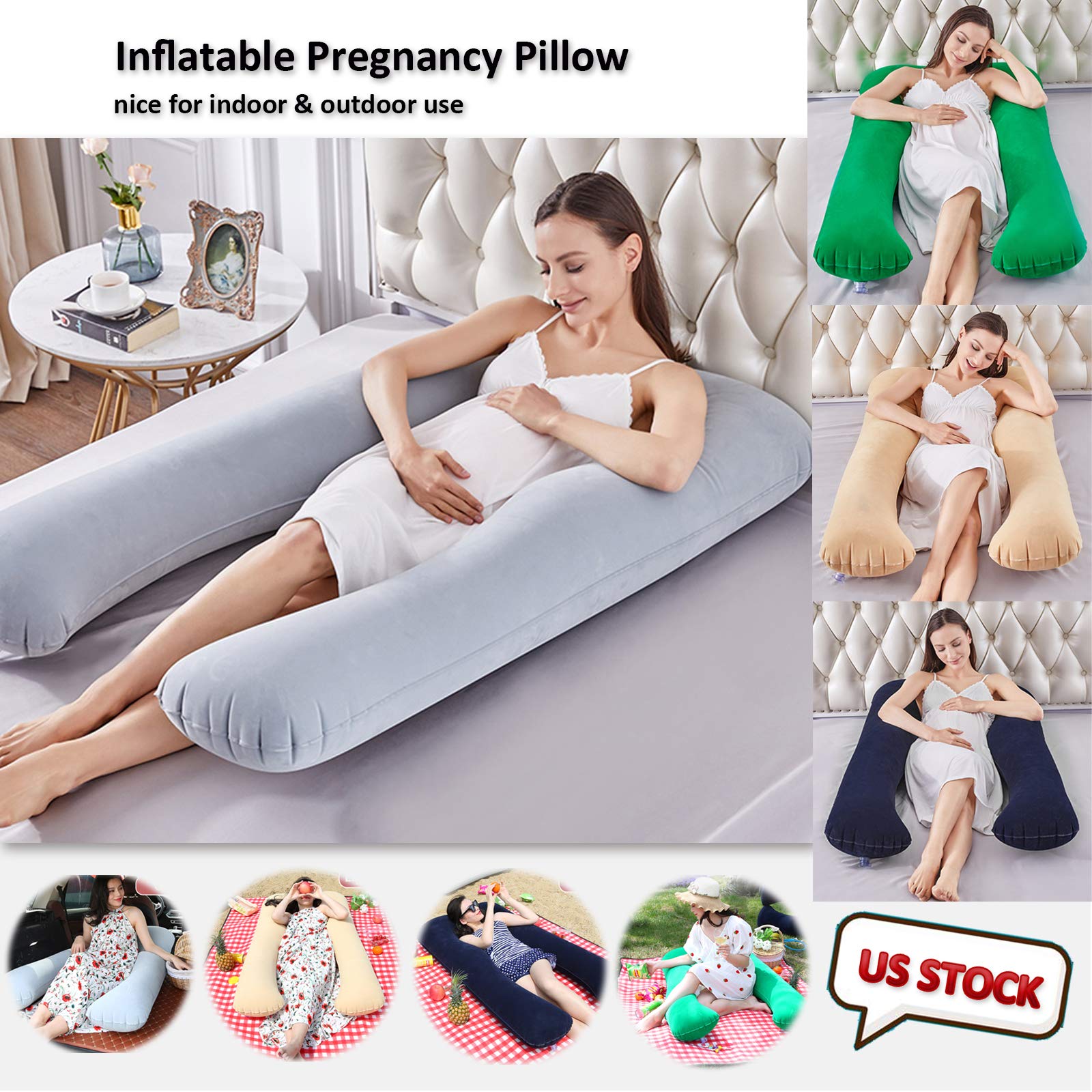 PINGJING Updated Large Inflatable Pillow Flocked Fabric Pregnancy Pillow Maternity Pillow Nursing Pillow Sleeping Pillow Body Pillow Travel Pillow Home Use & Outdoor Use 55'' US Stock (GRAY)