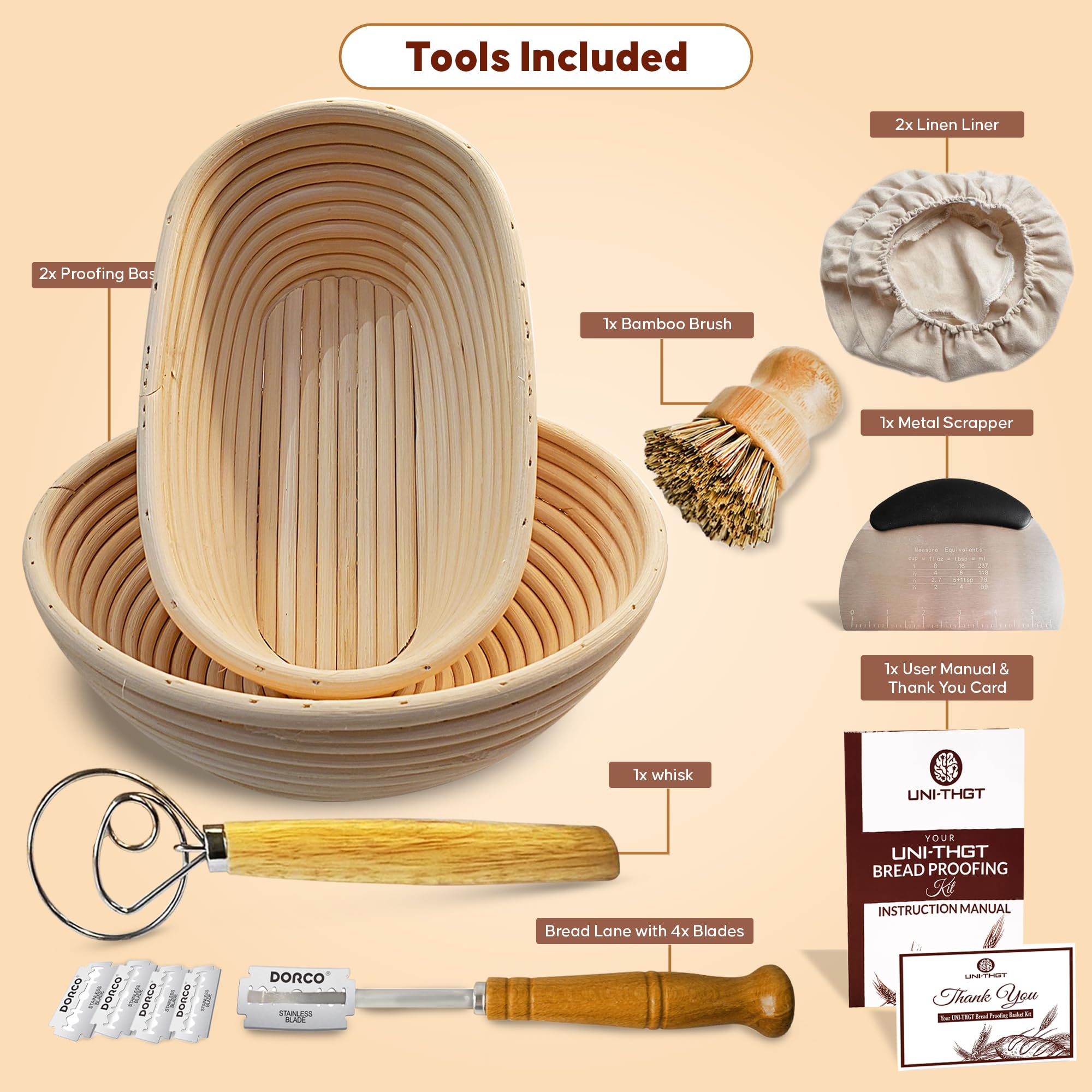 UNI-THGT Banneton Bread Proofing Basket Set - 9 & 10 Inch Sourdough Proofing Basket - Round And Oval Bread Bowls For Rising And Baking - Rattan Bread Banneton With Baking Accessories