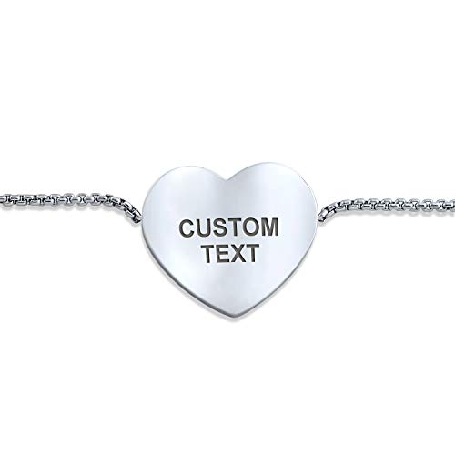 Personalize Customizable Heart Shape Charm Tag Medical ID Box Link Chain Bolo Bracelet Adjustable Engrave for Women Teen Silver Tone Stainless Steel Custom Engraved