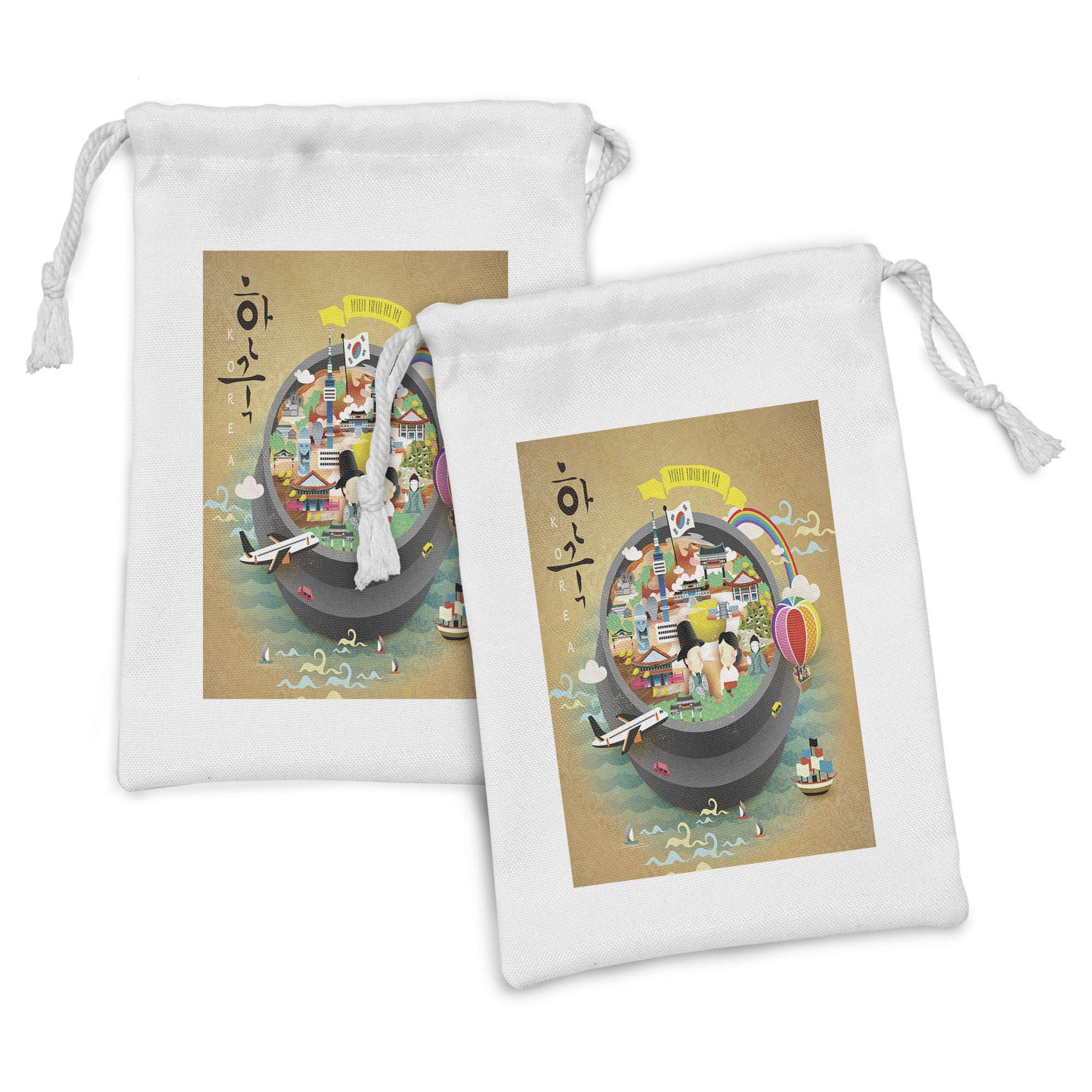 Ambesonne Korea Fabric Pouch Set of 2, Traditional South Korean Motifs Inside a Khimchi Hot Pot Tourist Attractions Cartoon, Small Drawstring Bag for Toiletries Masks and Favors, 9" x 6", Multicolor