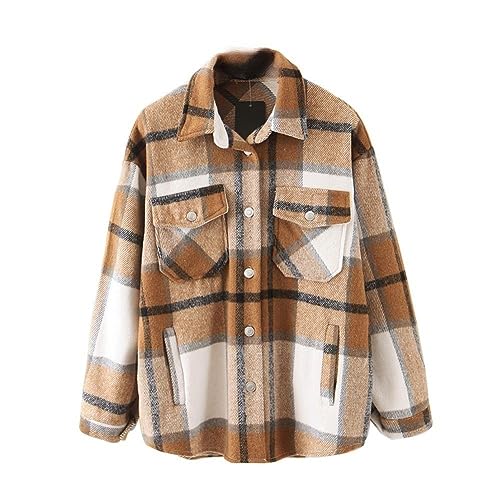 BOUTIKOME Womens Plaid Shacket Button Down Long Sleeve Shirt Coat Fall Winter Flannel Jacket Loose Shirts(Khaki, Large)