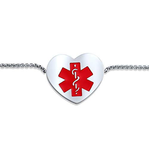 Personalize Customizable Heart Shape Charm Tag Medical ID Box Link Chain Bolo Bracelet Adjustable Engrave for Women Teen Silver Tone Stainless Steel Custom Engraved