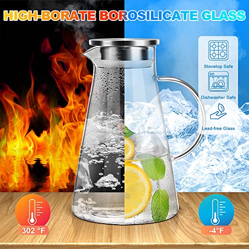 SUSTEAS 2.0 Liter 68oz Glass Pitcher with Lid, Easy Clean Heat Resistant Glass Water Carafe with Handle for Hot/Cold Beverages - Water, Cold Brew, Iced Tea & Juice, 1 Free Long-Handled Brush Included