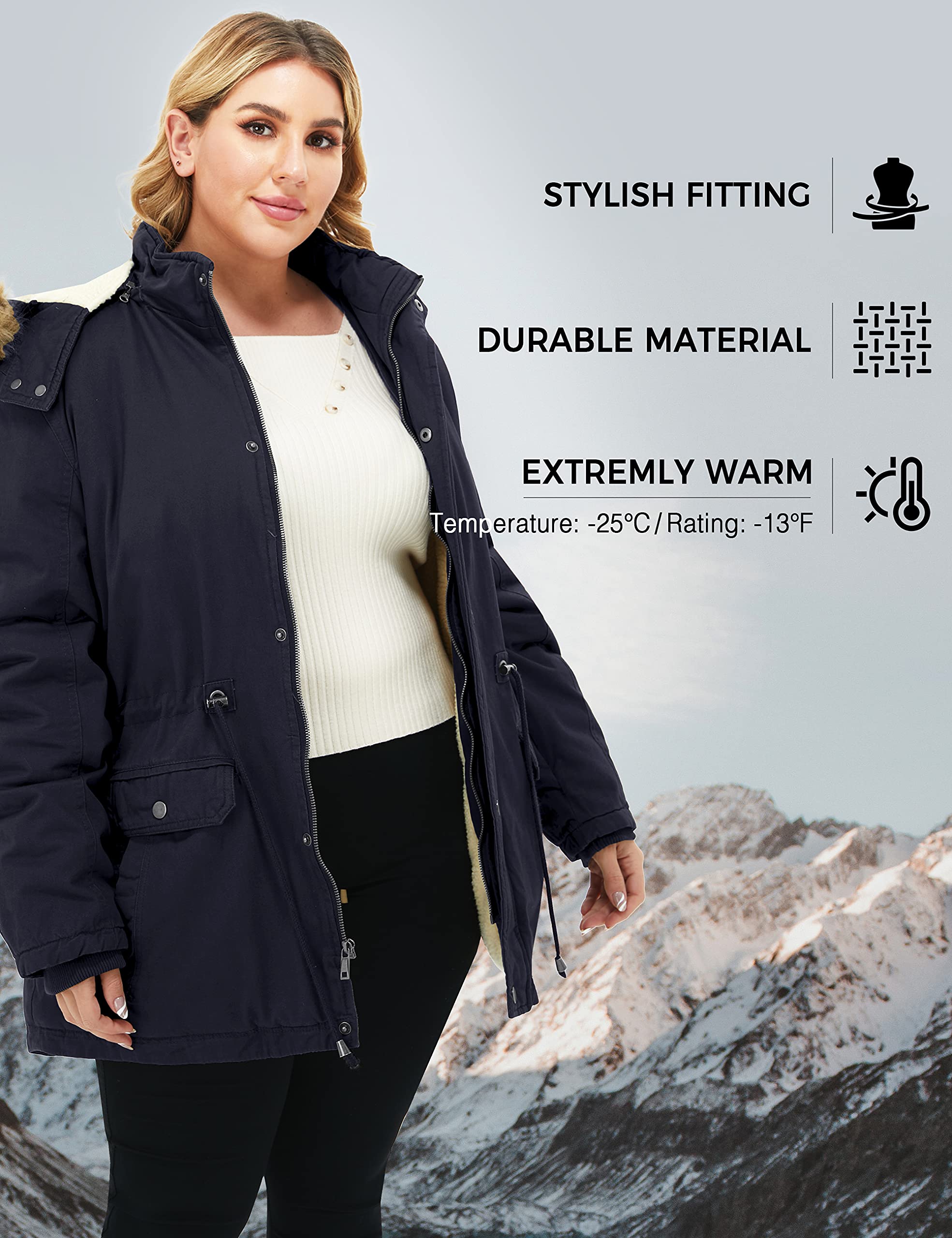 Soularge Women's Winter Plus Size Pure Cotton Coat with Detachable Hood(Navy,4X)