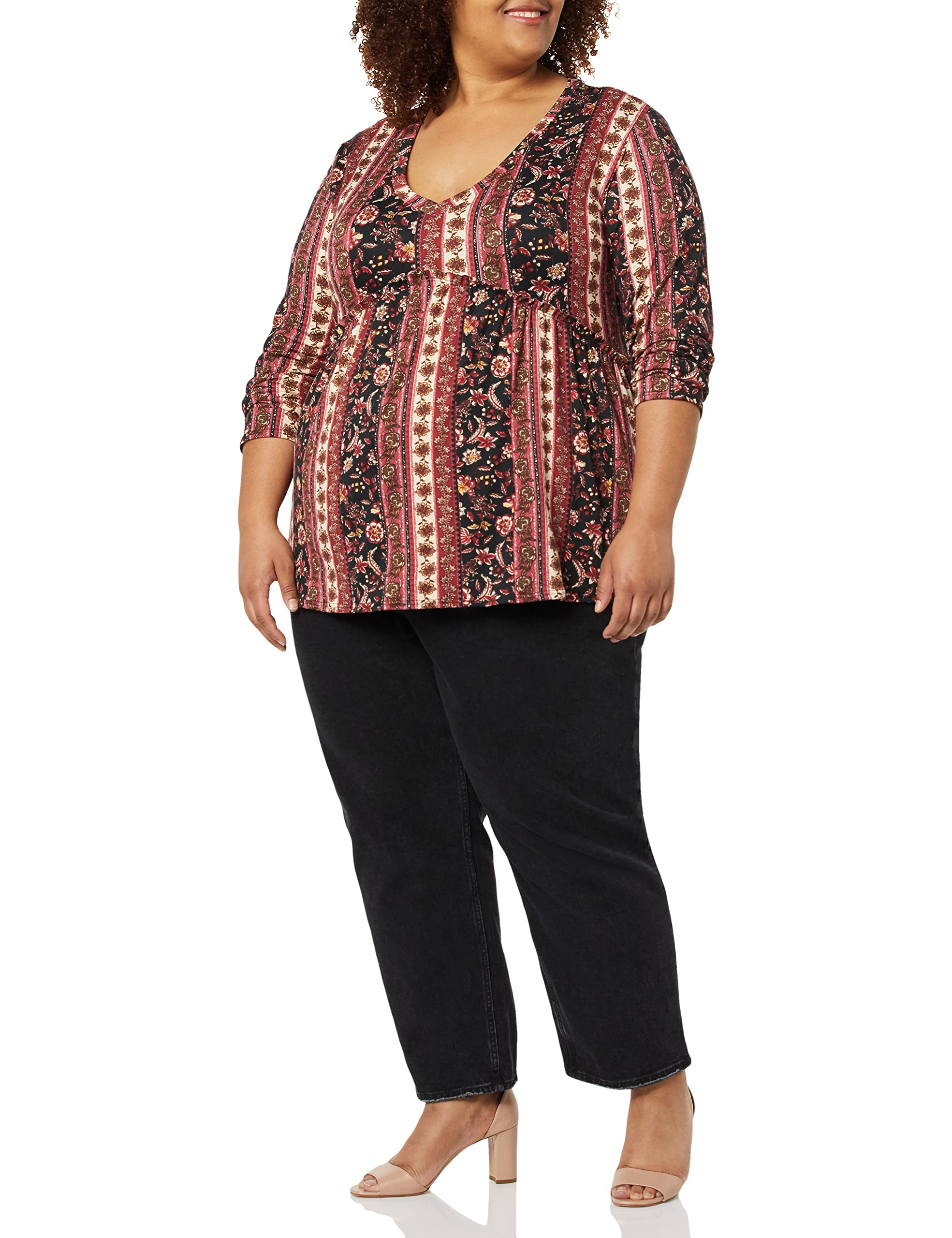 Star Vixen Women's Petite Long Sleeve Babydoll Top with V Neck, Black Mauve Wallpaper, PM