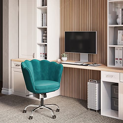 BELLEZE Upholstered Velvet Seashell Accent Chair, Rolling Swivel Office Vanity Unique Cute Decorative, Armless Stylish Comfy, Adjustable Height - Kaylee (Green)