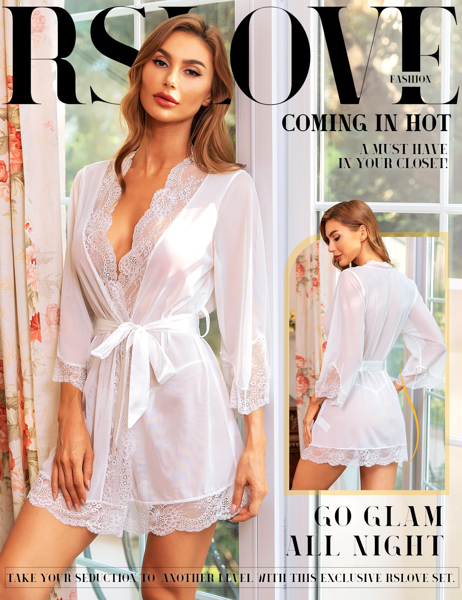 RSLOVE Women Lace Kimono Robe Babydoll Chemise Lingerie Bride Robe for Wedding Party White S