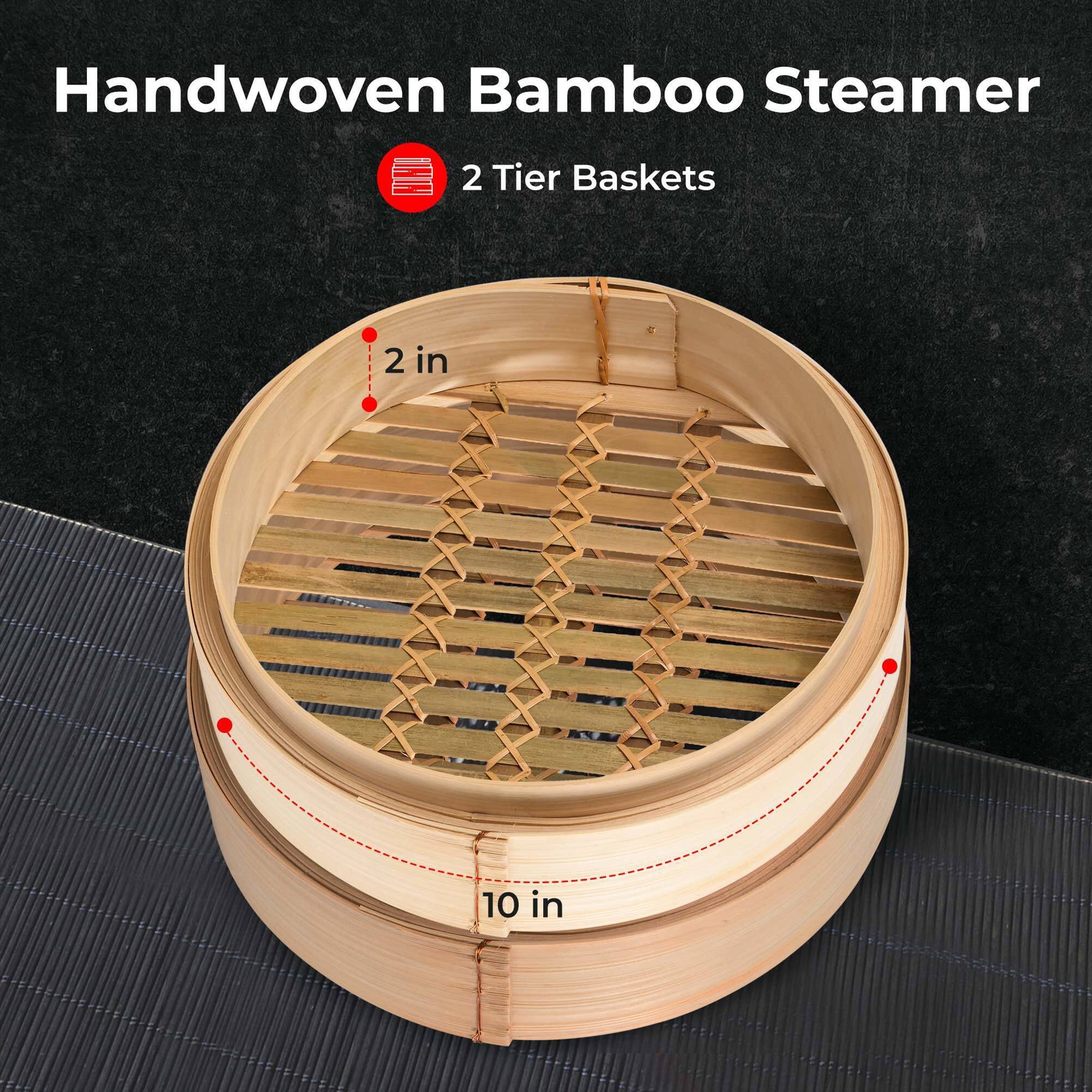 Annie’s Kitchen Complete Set Handmade Bamboo Steamer Baskets, Lid Dumpling Maker with Spoon, 4 Reusable Cotton Liners, 2 sets Chopsticks- For Rice, Vegetables, Fish, Meat, Desserts(10 Inch 2 Tiers)