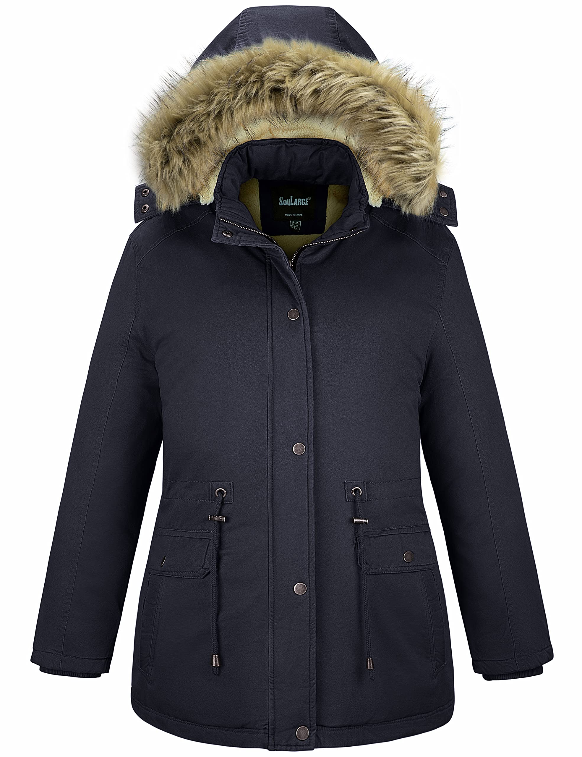 Soularge Women's Winter Plus Size Pure Cotton Coat with Detachable Hood(Navy,4X)