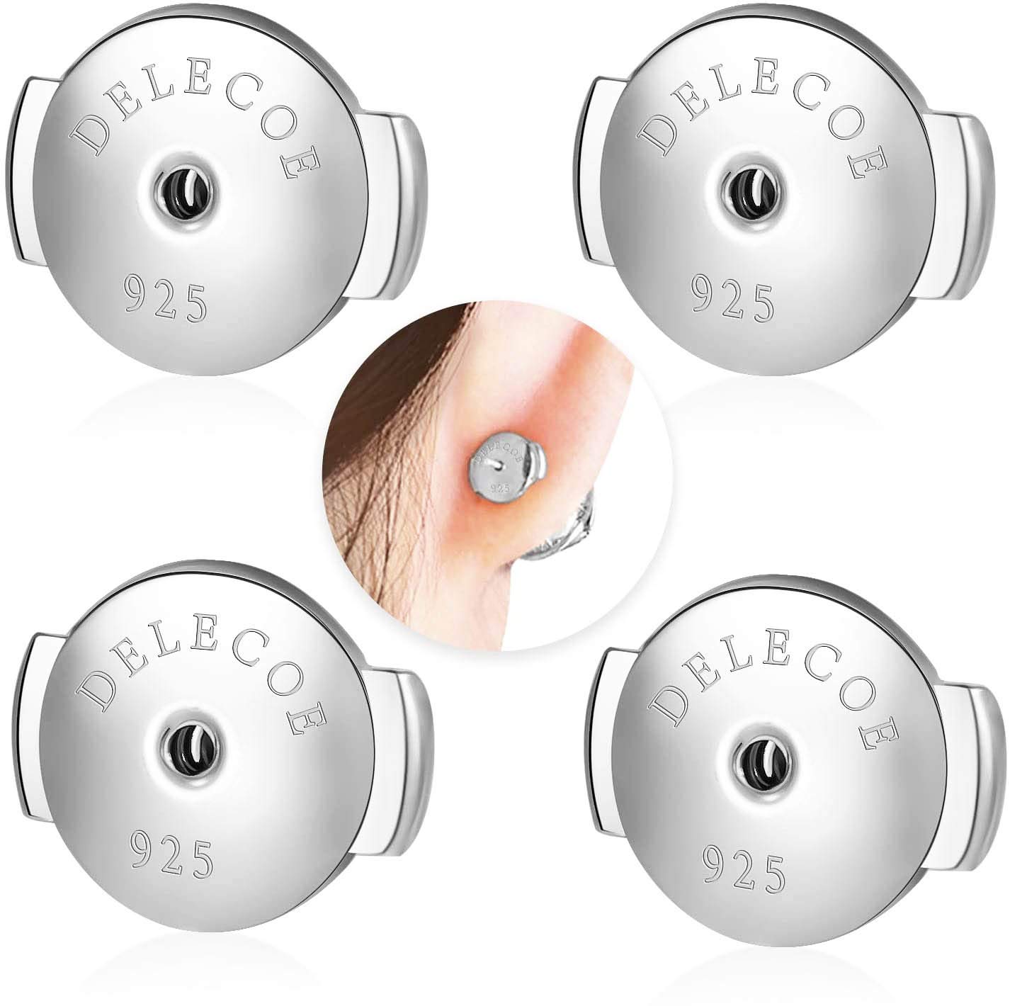 DELECOE 2 Pairs 18K White Gold Locking Earring Backs Replacements for Diamond Studs, Hypoallergenic 925 Silver Earring Backs for Studs Secure Push Earring Backs(Comfort,No-Fading)