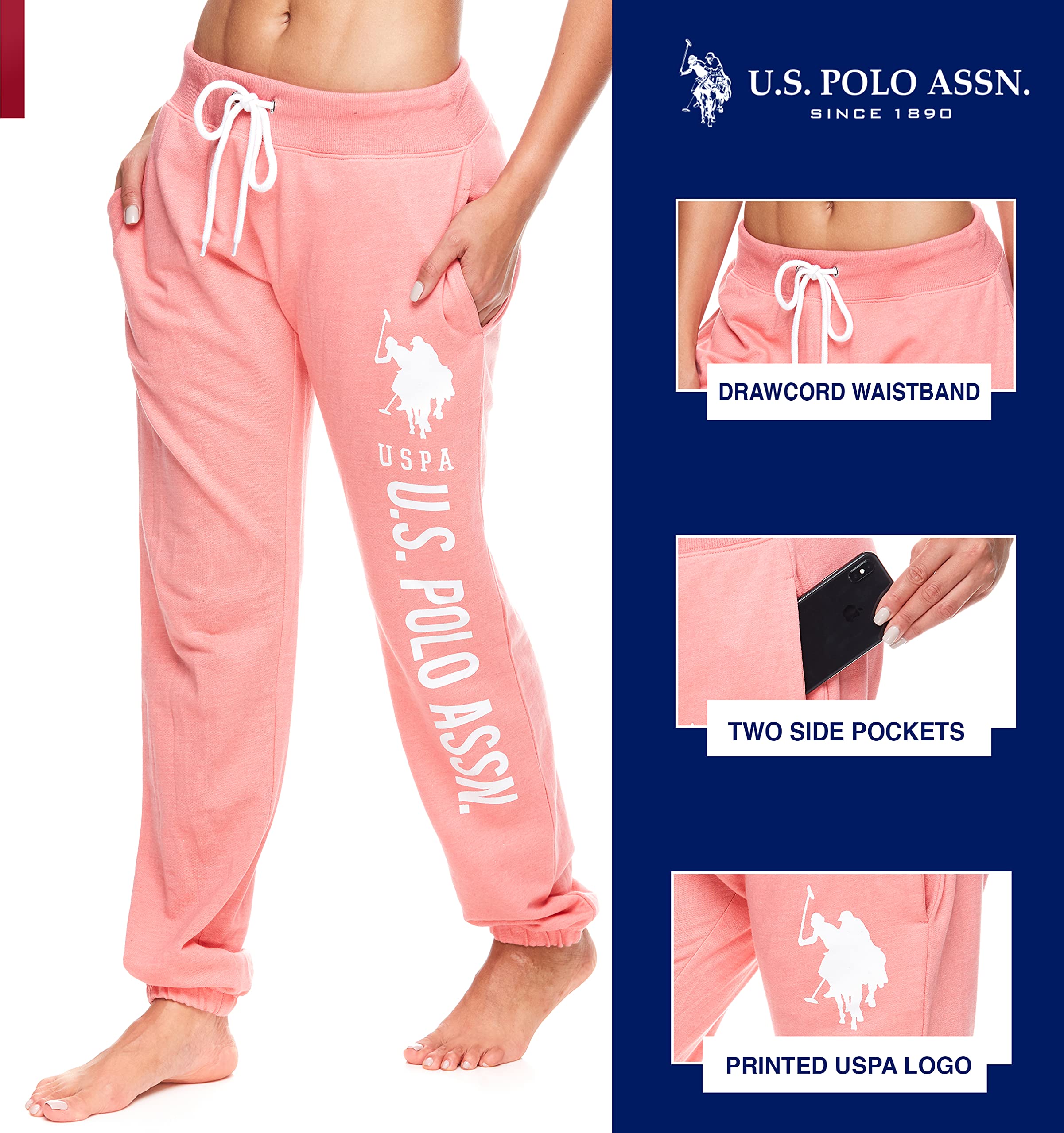 U.S. Polo Assn. Essentials Pink Sweatpants with Pockets, Comfy French Terry Womens Joggers (Coral Heather, Small)
