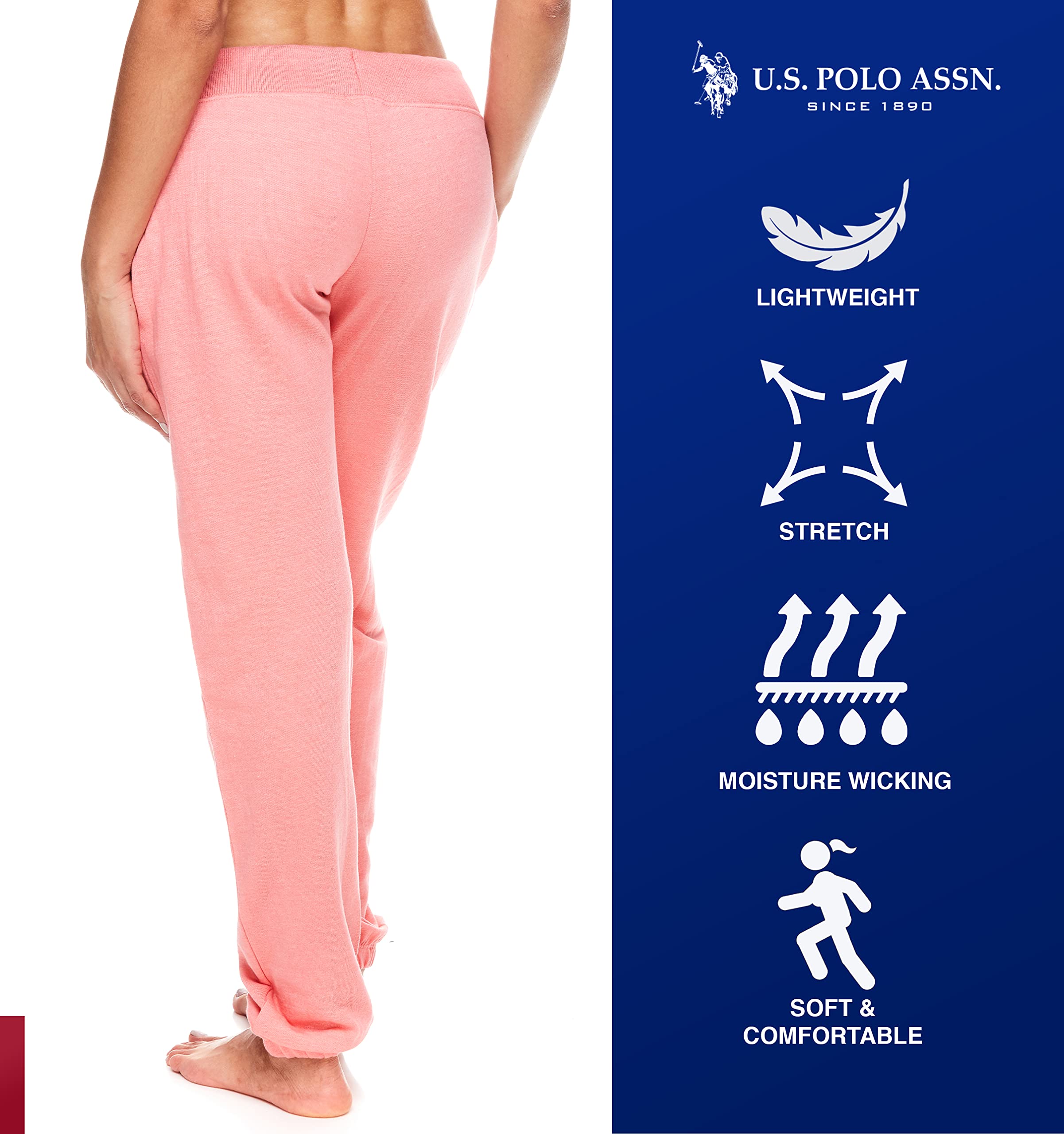 U.S. Polo Assn. Essentials Pink Sweatpants with Pockets, Comfy French Terry Womens Joggers (Coral Heather, Small)