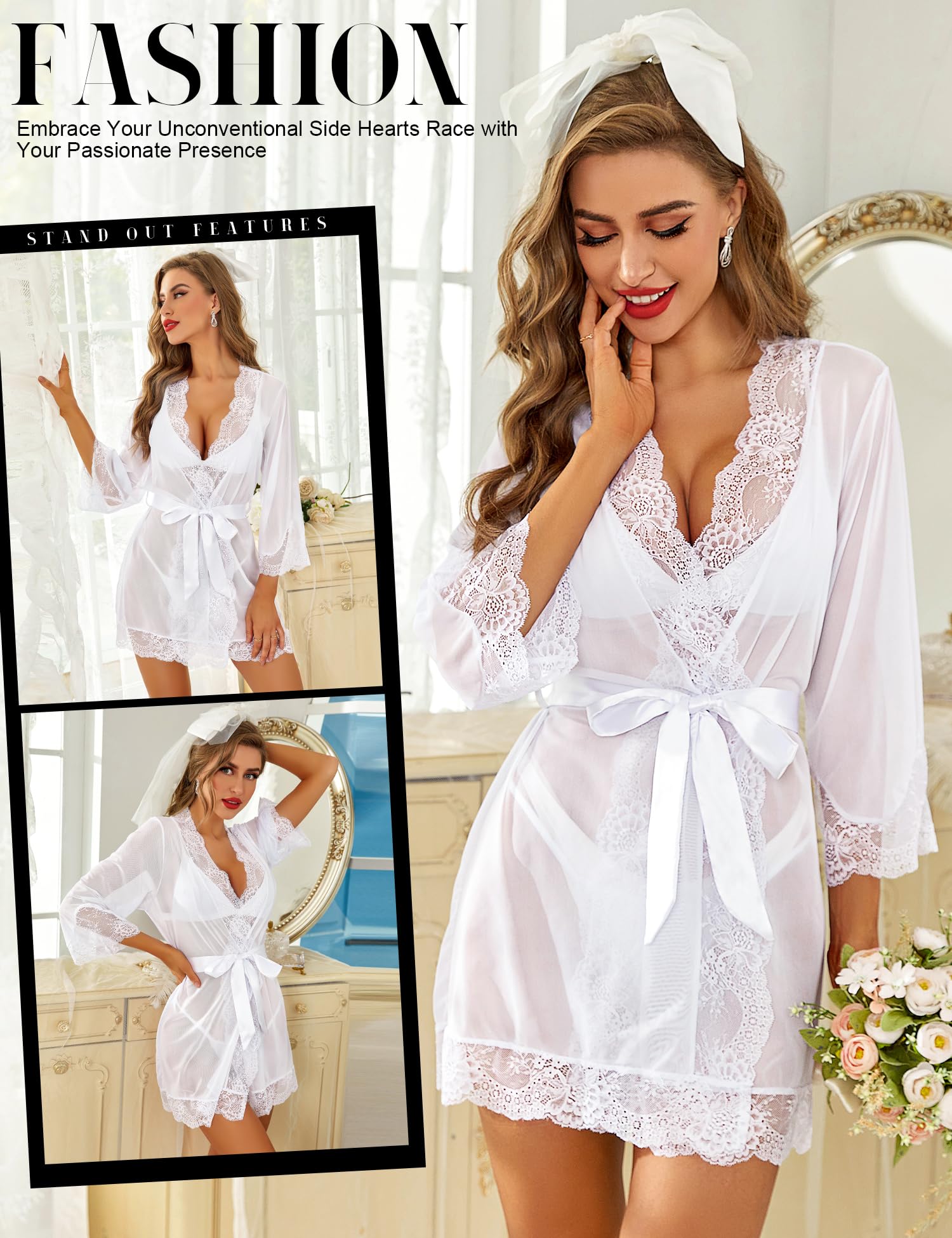 RSLOVE Women Lace Kimono Robe Babydoll Chemise Lingerie Bride Robe for Wedding Party White S