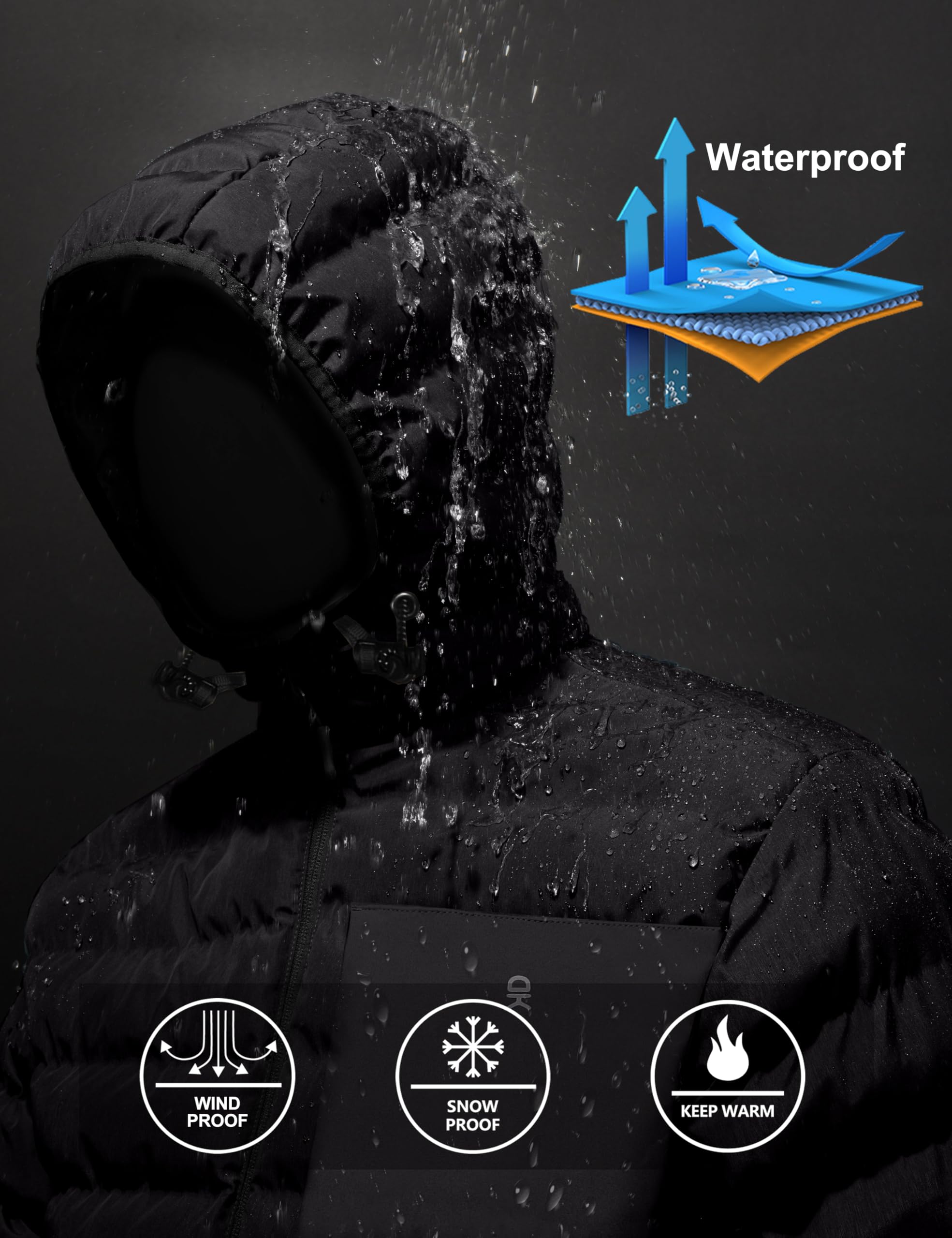 Little Donkey Andy Men's Warm Waterproof Puffer Jacket Hooded Windproof Winter Coat with Recycled Insulation Black L