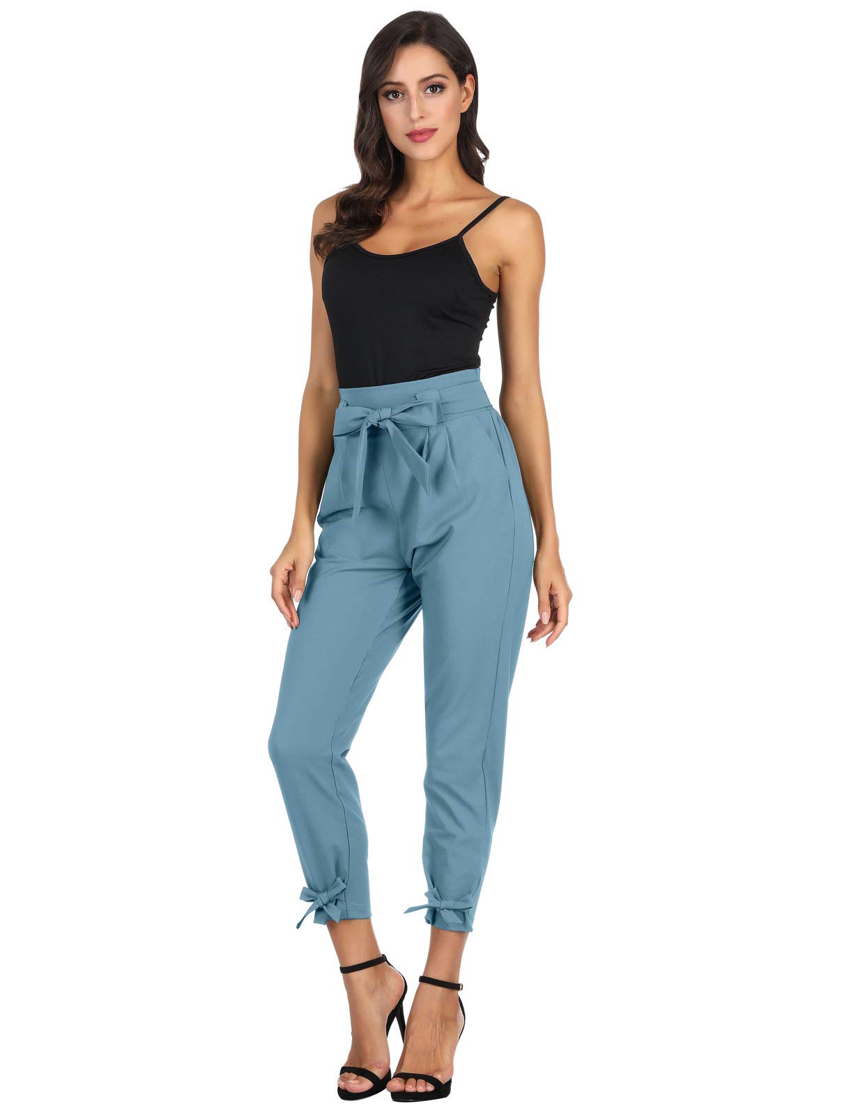 GRACE KARIN Women's Casual High Waist Belt Decorated Pencil Capri Pants with Bow-Knot Denim Blue