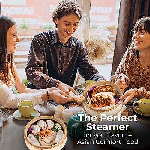 Annie’s Kitchen Complete Set Handmade Bamboo Steamer Baskets, Lid Dumpling Maker with Spoon, 4 Reusable Cotton Liners, 2 sets Chopsticks- For Rice, Vegetables, Fish, Meat, Desserts(10 Inch 2 Tiers)