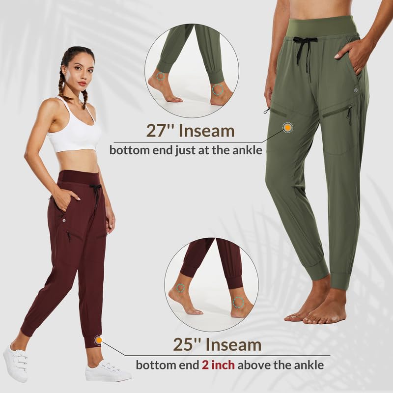 baleaf Women's Joggers Lightweight Hiking Pants High Waist 5 Zipper Pockets Quick Dry Travel Athletic UPF50+ Red XXL