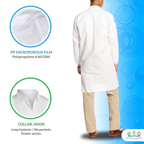 AMZ Supply White Disposable Lab Coats for Adults, Medium. Pack of 10 Microporous Polypropylene 60 GSM Coats Medical. Adult Lab Coat with Hook & Loop, Elastic Wrists, No Pockets