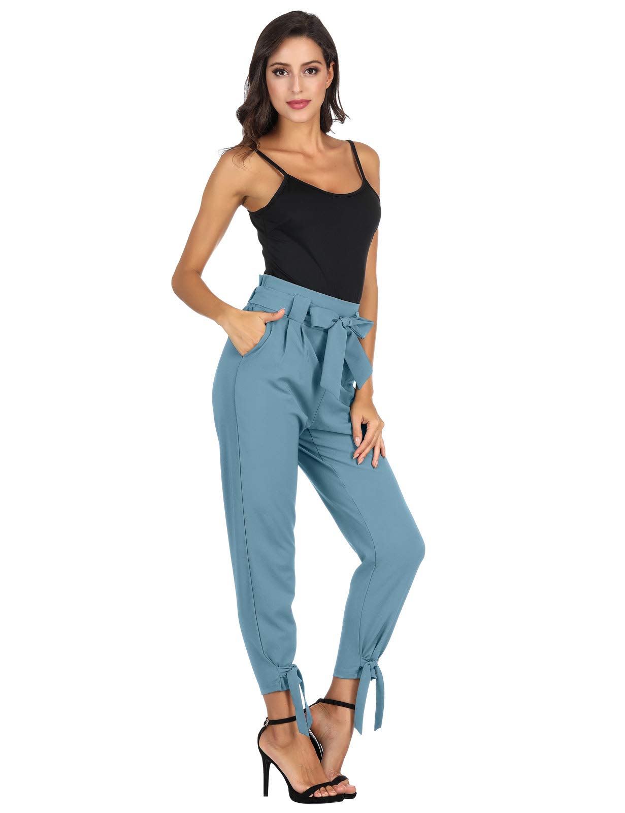 GRACE KARIN Women's Casual High Waist Belt Decorated Pencil Capri Pants with Bow-Knot Denim Blue