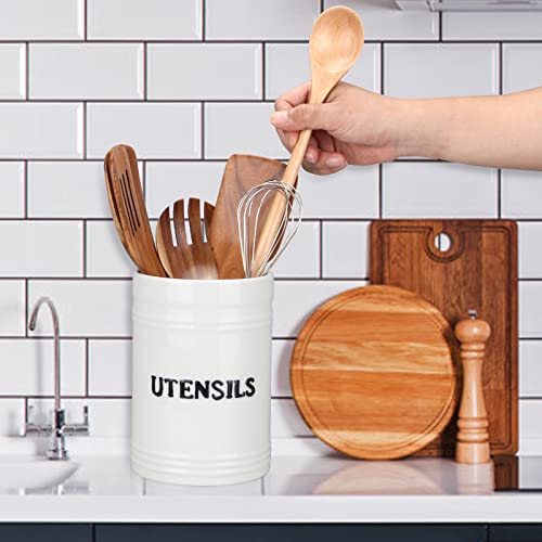 Best White Large Ceramic Utensil Crock Kitchen Spoon Stand Utensil Jar Flatware Caddy Cooking Spoon Utensil Holder Organizer Silverware Holder Stove Top Utensil Holder