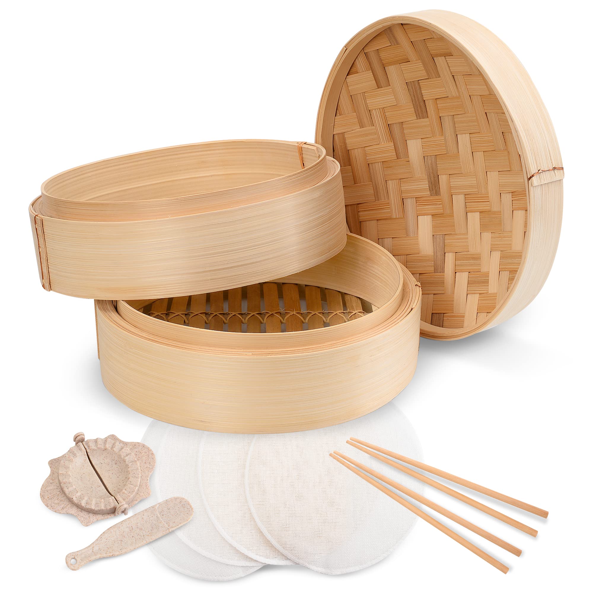 Annieās Kitchen Complete Set Handmade Bamboo Steamer Baskets, Lid Dumpling Maker with Spoon, 4 Reusable Cotton Liners, 2 sets Chopsticks- For Rice, Vegetables, Fish, Meat, Desserts(10 Inch 2 Tiers)