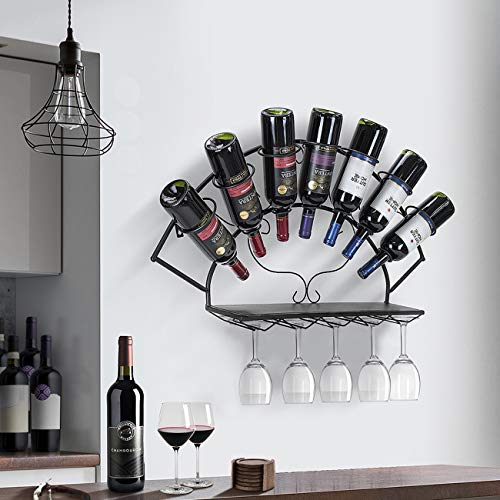 SorbusĀ® Wine Bottle Stemware Glass Rack Wall Mounted - Bordeaux Chateau Style - Holds 7 Bottles of Your Favorite Wine - Elegant Storage for Kitchen, Dining Room, Bar, or Wine Cellar (Black)