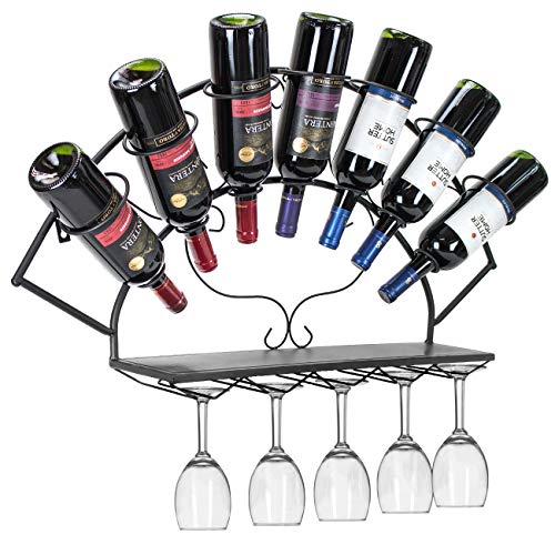 SorbusĀ® Wine Bottle Stemware Glass Rack Wall Mounted - Bordeaux Chateau Style - Holds 7 Bottles of Your Favorite Wine - Elegant Storage for Kitchen, Dining Room, Bar, or Wine Cellar (Black)