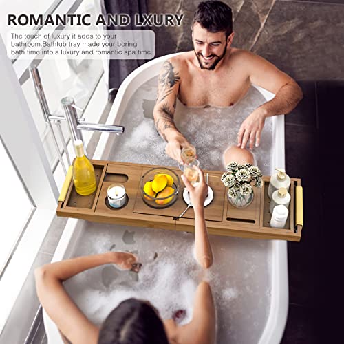 Bathtub Tray Bath Caddy Tray for Tub - Expandable Board and Book Stand Premium Leather Grip and Non-Slip Pat for Luxury Bath Bamboo Bathtub Table Tray for Home Spa and Gift Choice (Walnut)