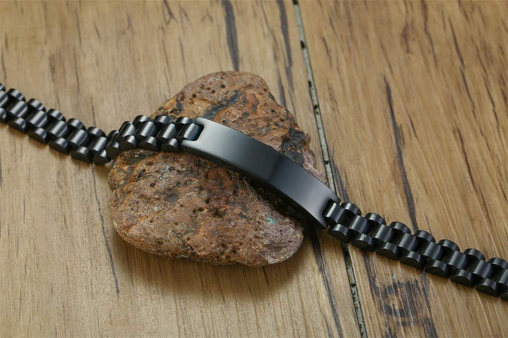 MEALGUET Personalized Customized Free Engraving Stainless Steel Chain Watch Band Wristband Link ID Bracelets for Men Women, Black
